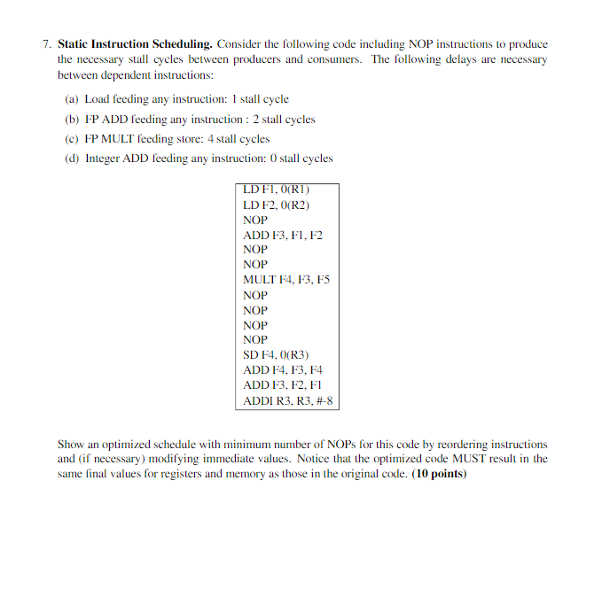 7. Static Instruction Scheduling. Consider the | Chegg.com