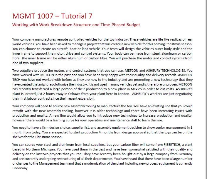 MGMT 1007 - Tutorial 7 Working with Work Breakdown | Chegg.com