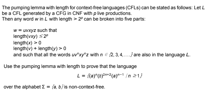 Solved The pumping lemma with length for context-free | Chegg.com