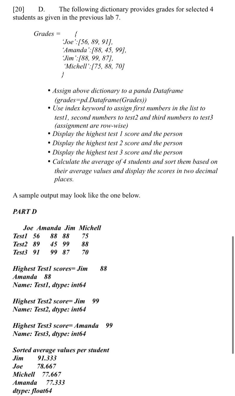 Solved [20] D. The following dictionary provides grades for | Chegg.com
