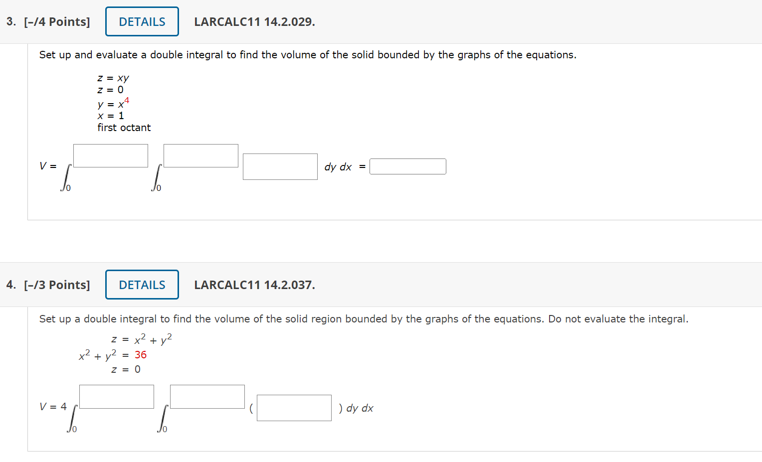 Solved 3. [-/4 Points] V = Set up and evaluate a double | Chegg.com