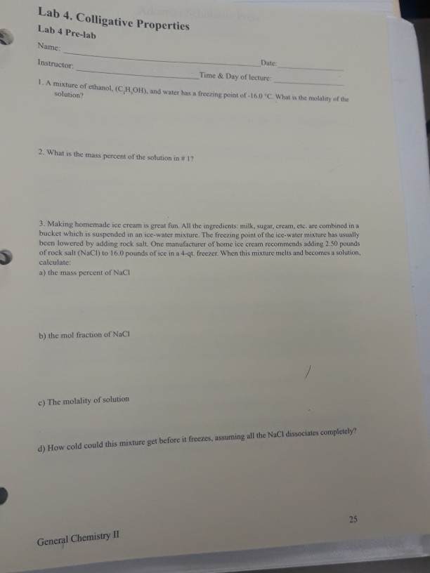 Solved Lab 4. Colligative Properties Lab 4 Pre-lab Name: | Chegg.com