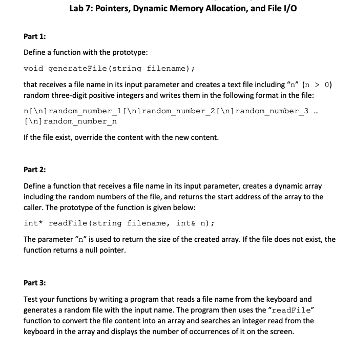 Lab 7: Pointers, Dynamic Memory Allocation, and File | Chegg.com
