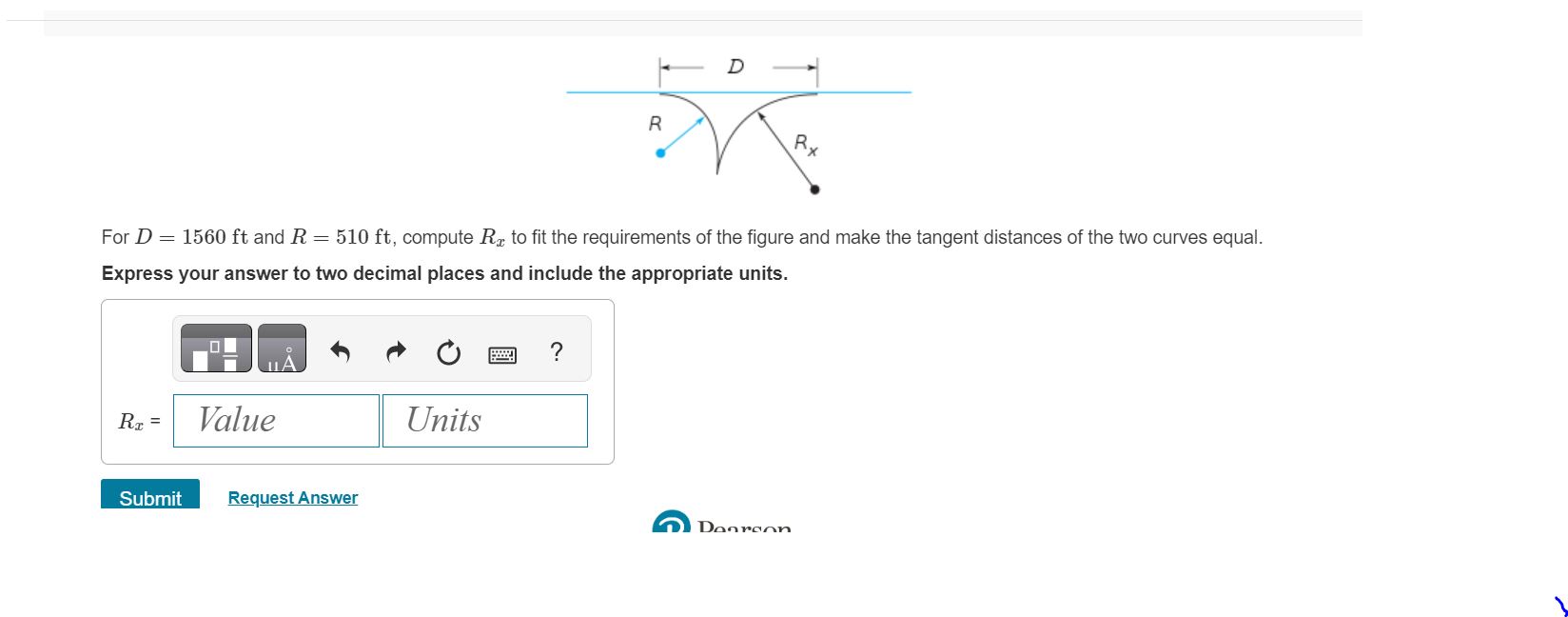 Solved For D=1560ft and R=510ft, compute Rx to fit the | Chegg.com