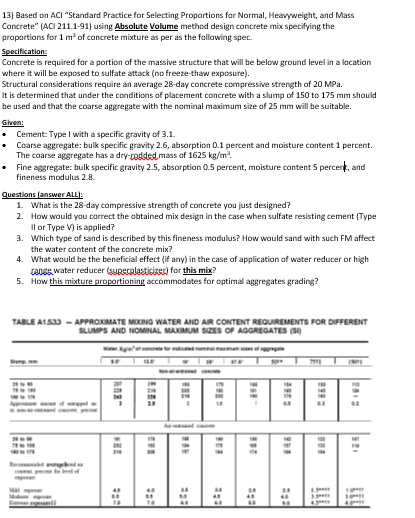 13) Based on ACI "Standard Practice for selecting | Chegg.com