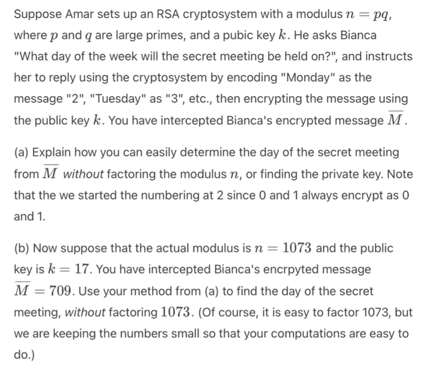 Solved Suppose Amar sets up an RSA cryptosystem with a | Chegg.com