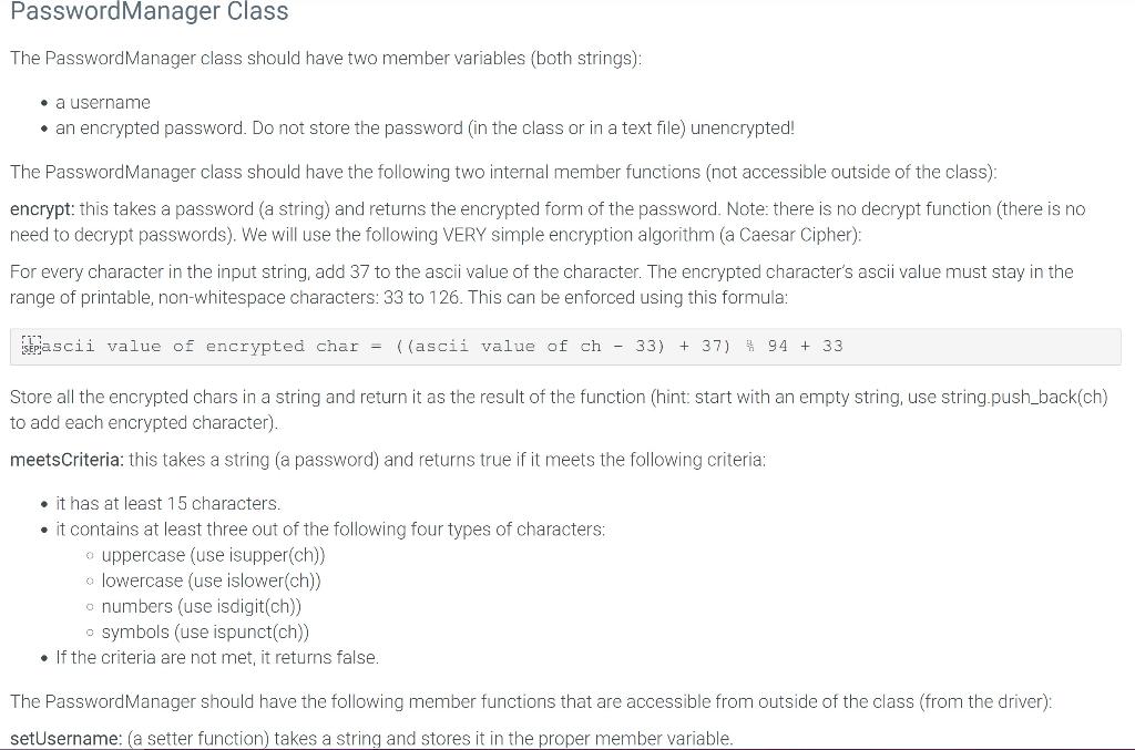 Solved PasswordManager Class The Password Manager class | Chegg.com