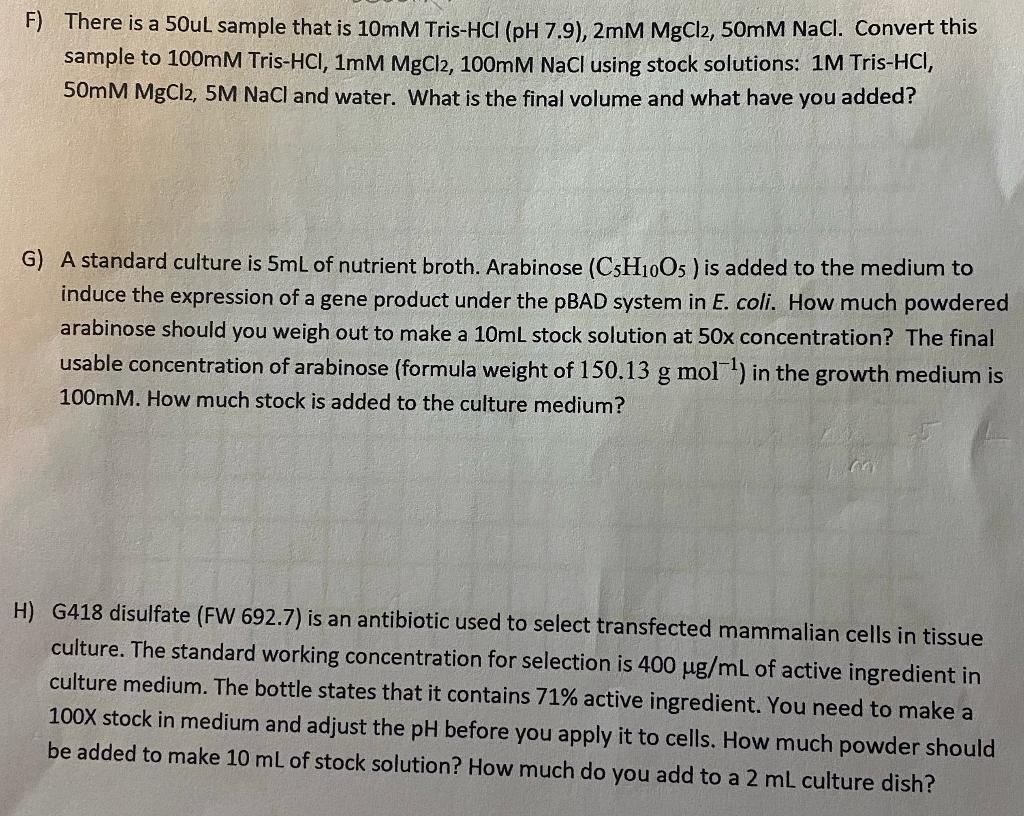 Solved F) There is a 50uL sample that is 10mM Tris-HCl | Chegg.com