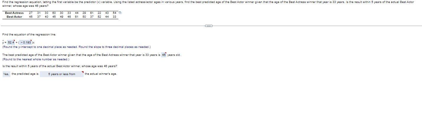 Solved Find the equation of the regression line. y^= +α | Chegg.com
