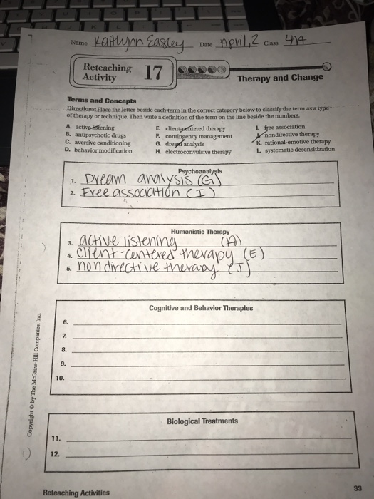 Solved Name Laitln Date Reteaching Activity Therapy and | Chegg.com