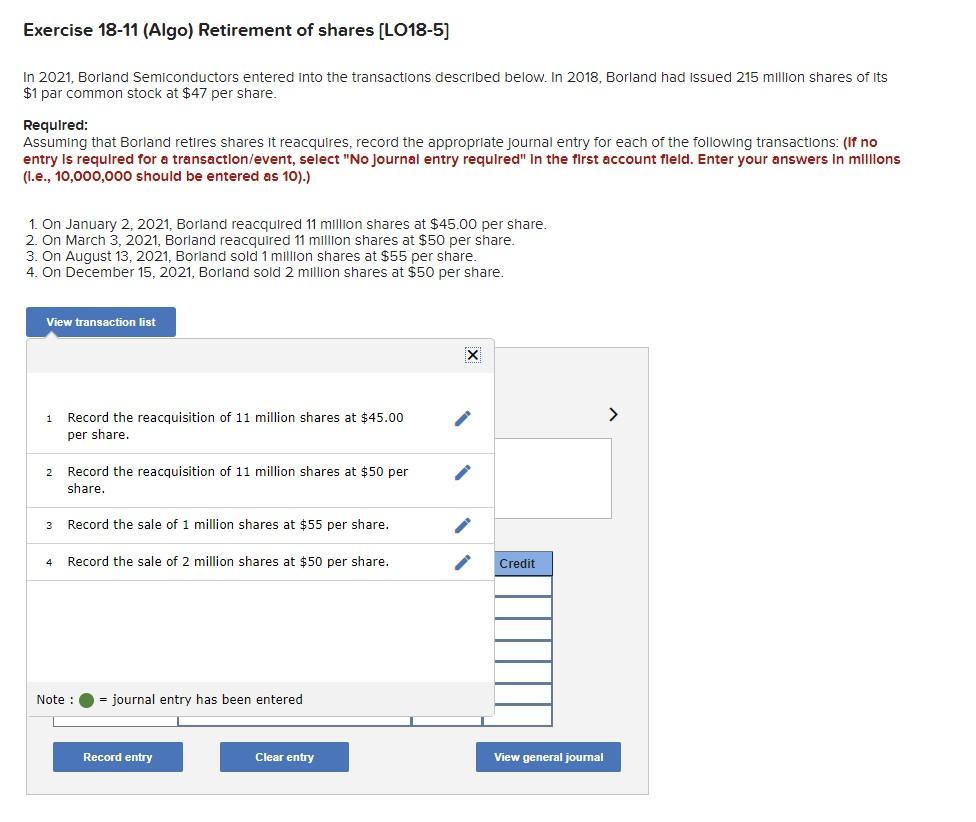 Solved Exercise 18-11 (Algo) Retirement of shares (LO18-5) | Chegg.com