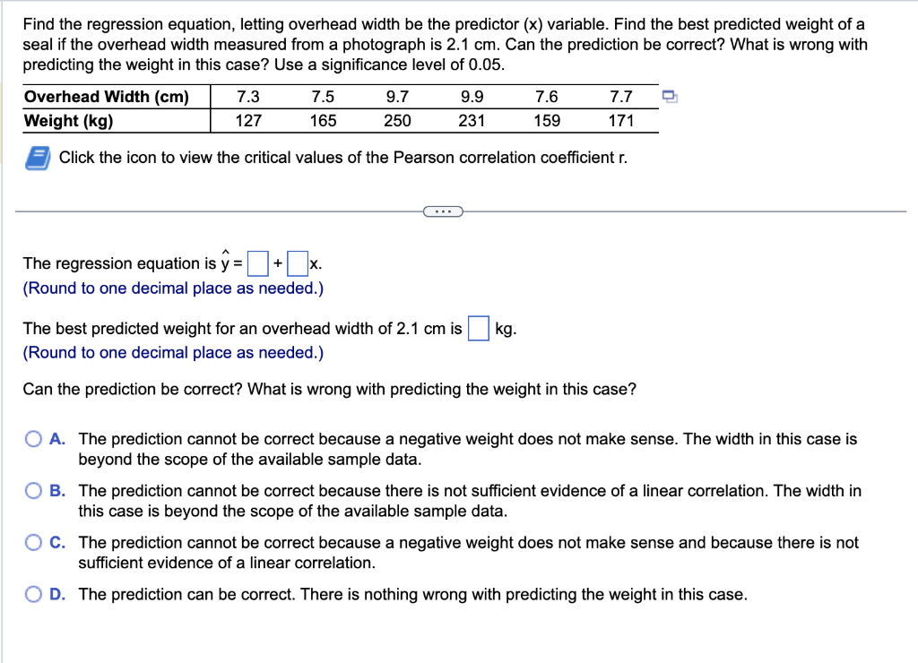 Solved Find the regression equation, letting overhead width | Chegg.com