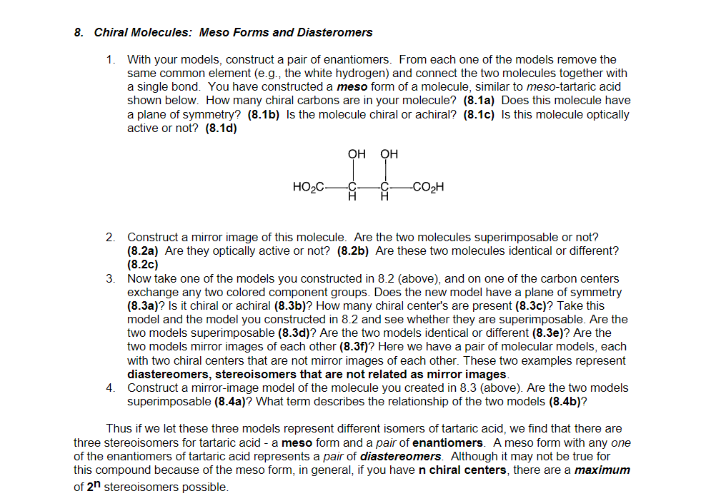 Solved 8. Chiral Molecules: Meso Forms and Diasteromers 1. | Chegg.com
