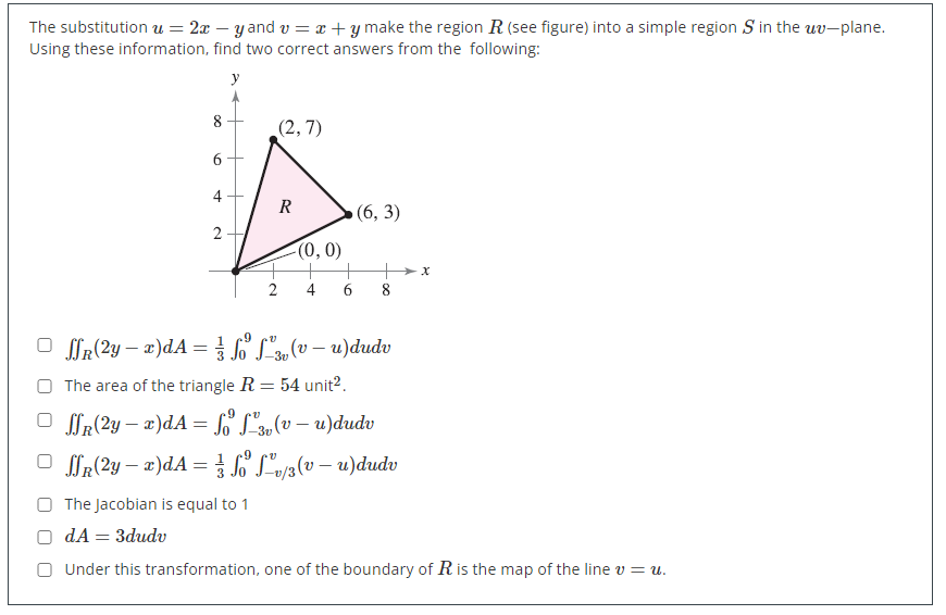 Solved The substitution = 2xy and v= x + y make the region R | Chegg.com