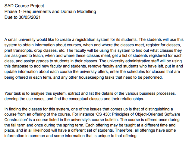 Solved SAD Course Project Phase 1- Requirements and Domain | Chegg.com