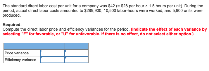 Solved The standard direct labor cost per unit for a company | Chegg.com