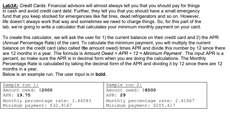 Solved Lab3A: Credit Cards. Financial advisors will almost | Chegg.com