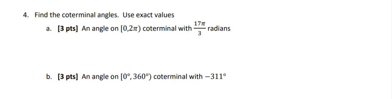 Solved 4. Find the coterminal angles. Use exact values 1770 | Chegg.com