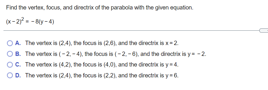 Solved Find the vertex, focus, and directrix of the parabola | Chegg.com