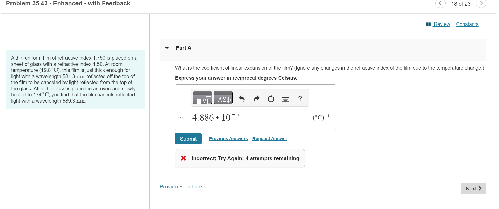 Solved A thin uniform film of refractive index 1.750 ﻿is | Chegg.com