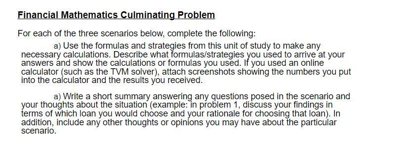Solved Financial Mathematics Culminating Problem For each of | Chegg.com