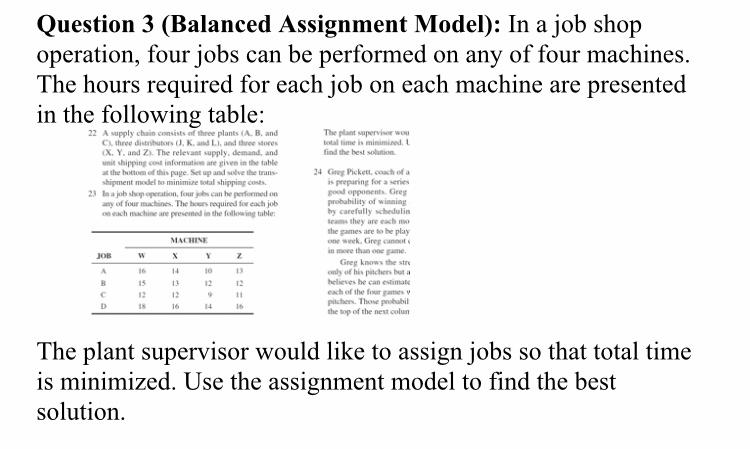 Solved Question 3 (Balanced Assignment Model): In a job shop | Chegg.com