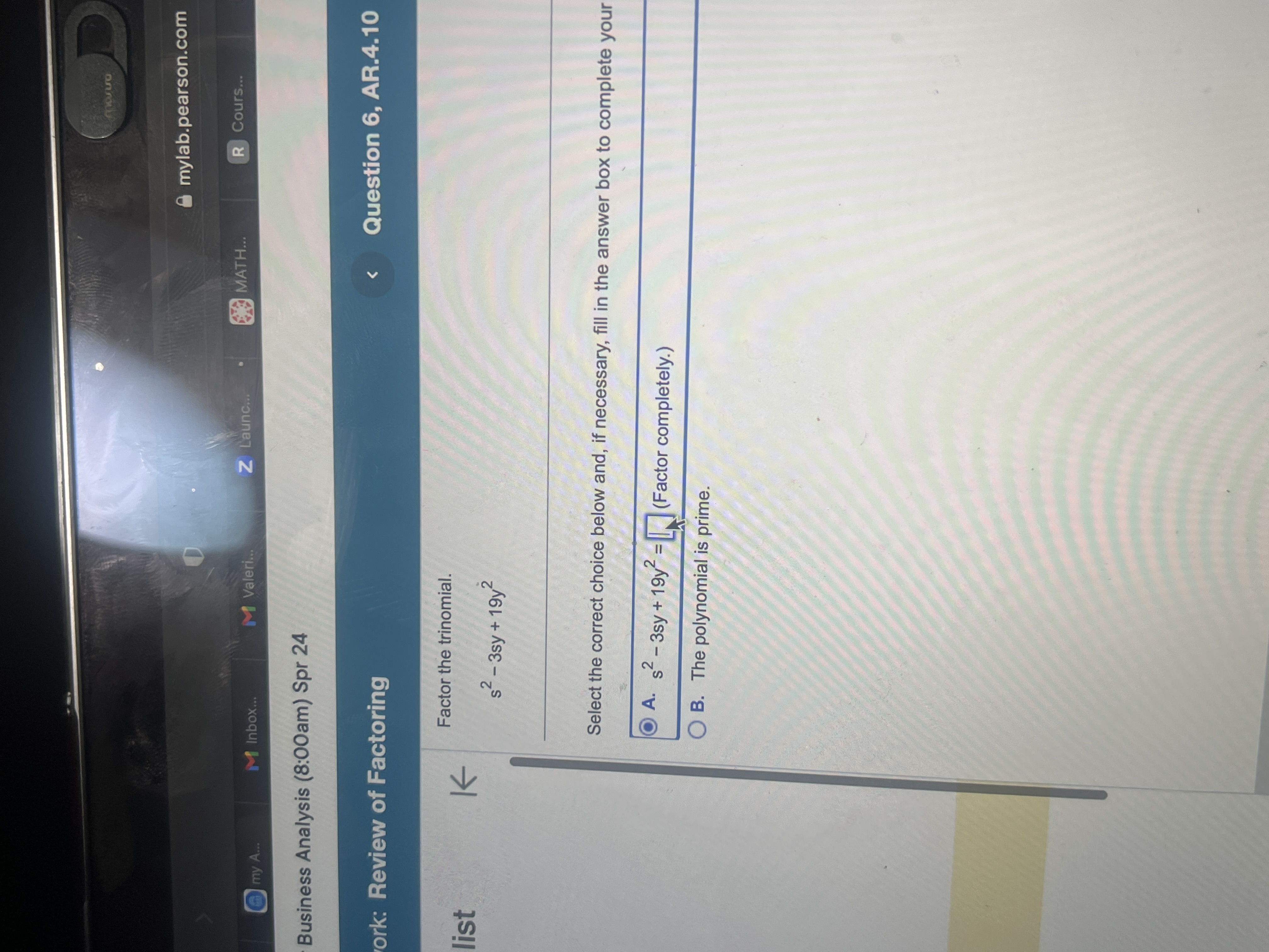 Solved Factor the trinomial.s2-3sy+19y2Select the correct | Chegg.com