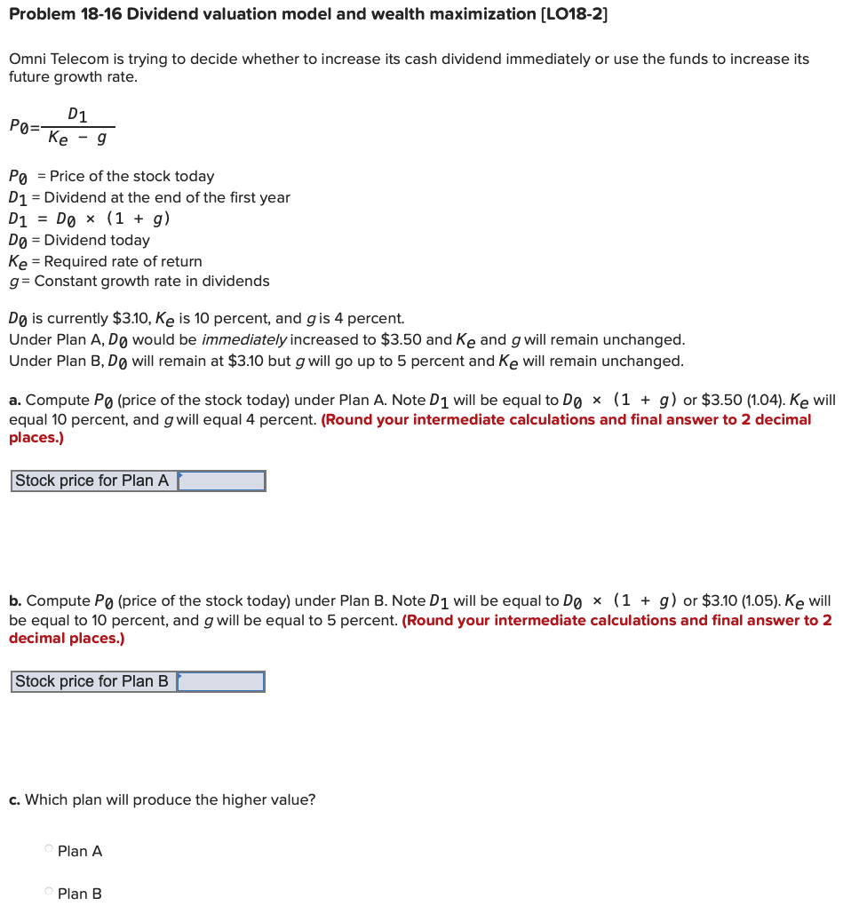 Solved Problem 18-16 Dividend valuation model and wealth | Chegg.com