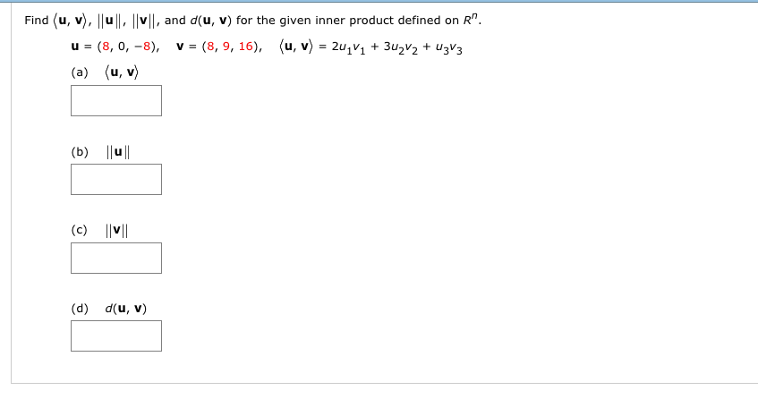 Solved Find(u, v), Ilull, llvil, and d(u, v) for the given | Chegg.com