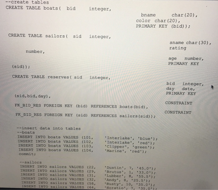 Solved --create tables CREATE TABLE boats ( bid integer, | Chegg.com