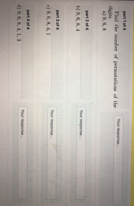Solved part 1 of 4 Find the number of permutations of the a) | Chegg.com