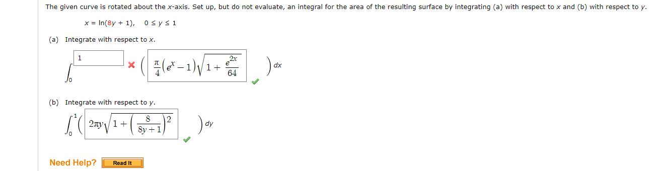 Solved x=ln(8y+1),0≤y≤1 (a) Integrate with respect to x. | Chegg.com