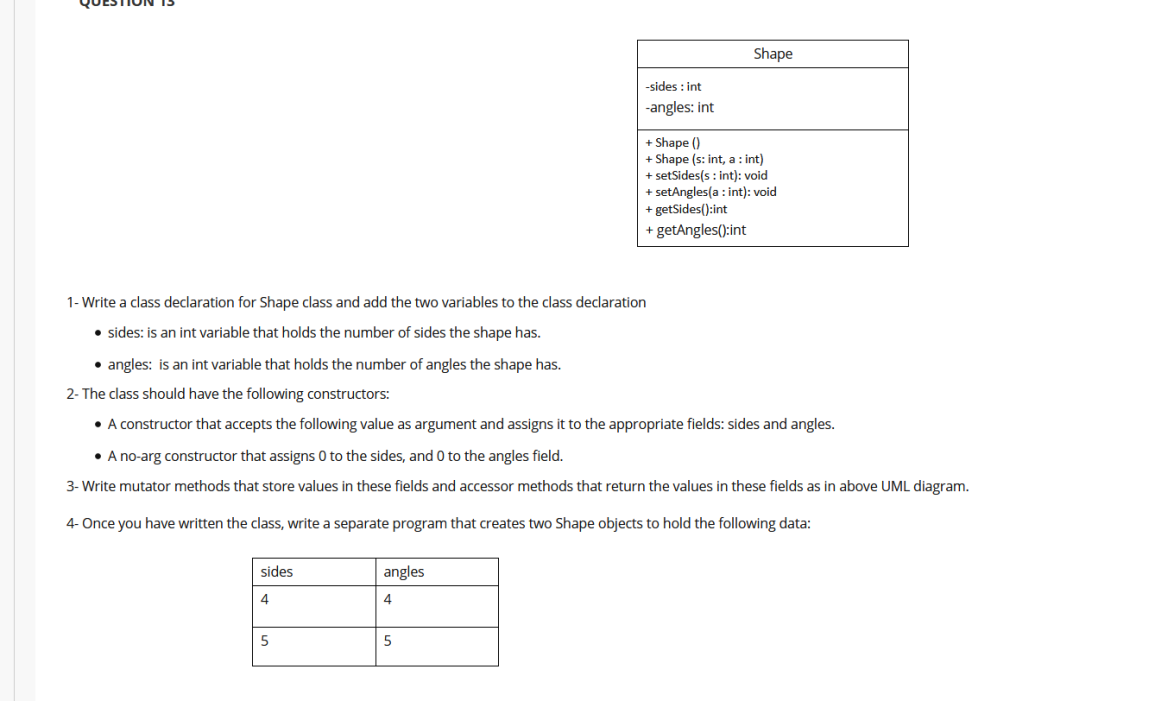 Solved Shape -sides : int -angles: int +Shape() + Shape (s: | Chegg.com