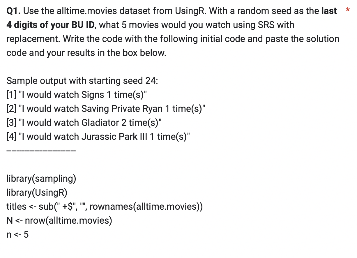 Solved Q1. Use the alltime.movies dataset from UsingR. With | Chegg.com