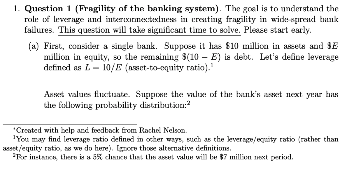 Solved 1. Question 1 (Fragility of the banking system). The | Chegg.com