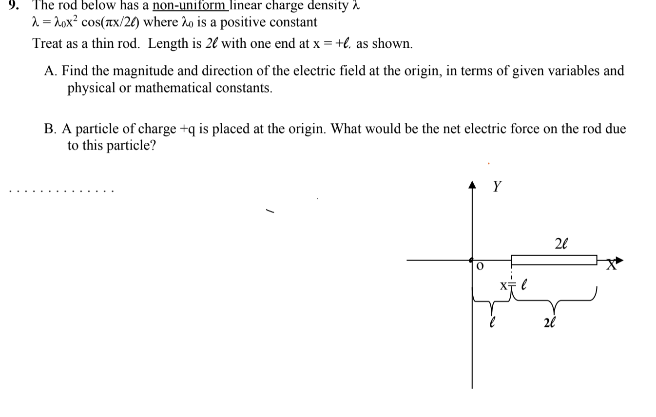 Solved 9. The rod below has a non-uniform linear charge | Chegg.com