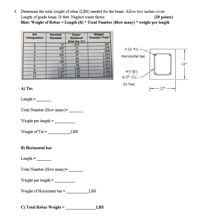 Solved 4. Determine the total weight of rebar (LBS) needed | Chegg.com