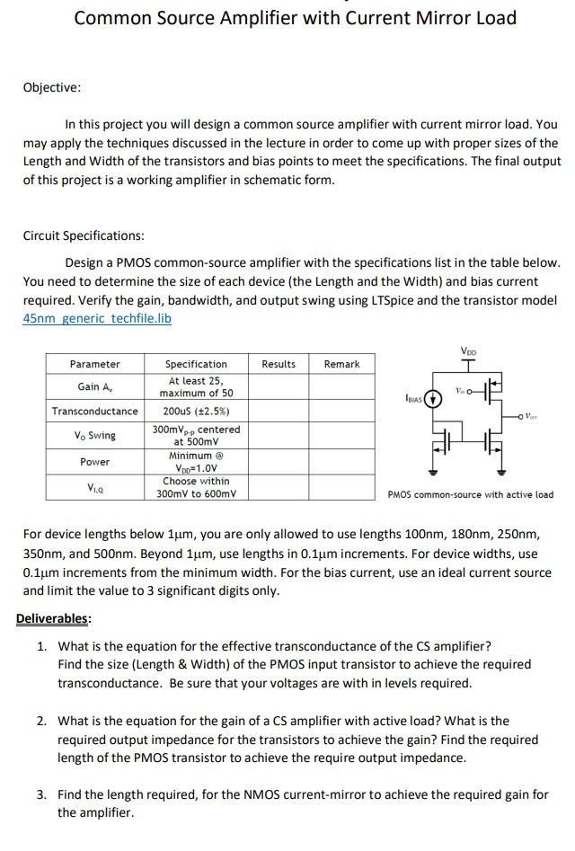 Solved Common Source Amplifier with Current Mirror Load | Chegg.com