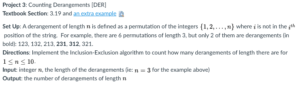 Solved Project 3: Counting Derangements [DER Textbook | Chegg.com