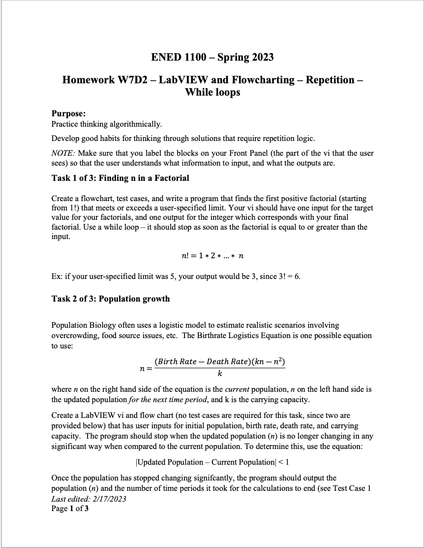 Solved ENED 1100 - Spring 2023 Homework W7D2 - LabVIEW and | Chegg.com
