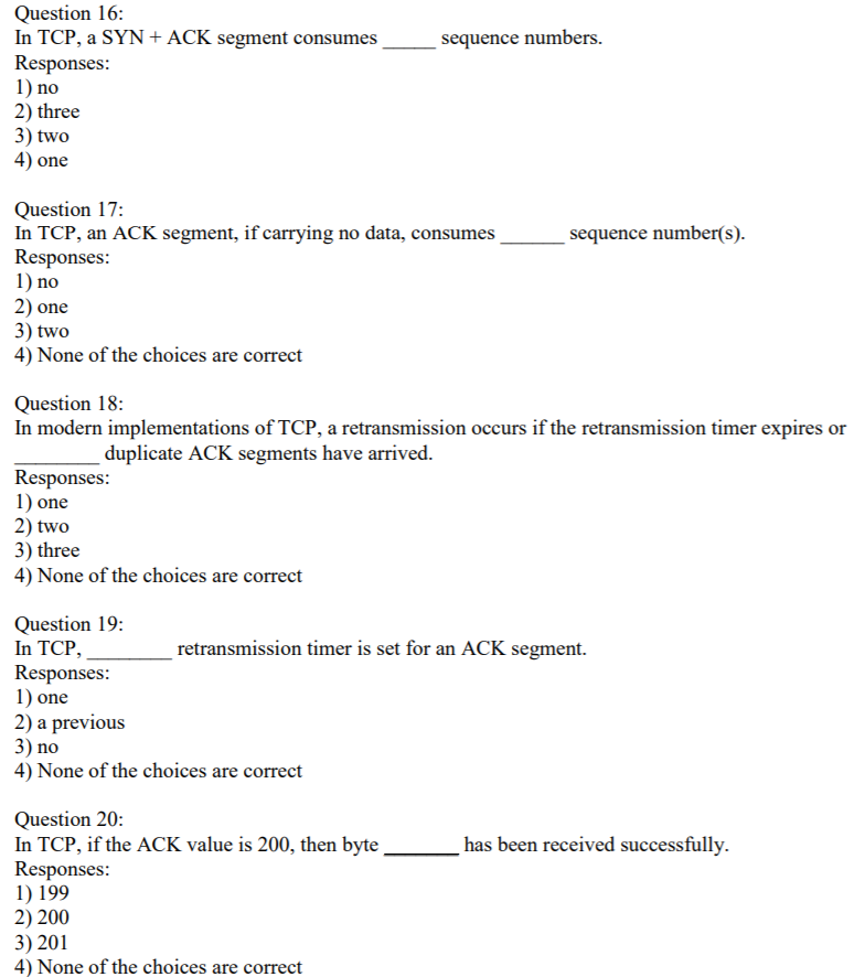 Solved sequence numbers. Question 16: In TCP, a SYN+ACK | Chegg.com