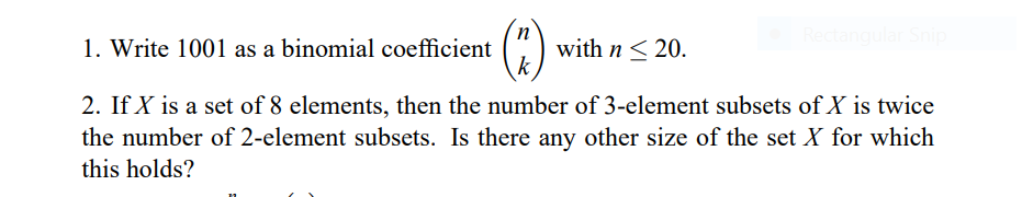1. Write 1001 as a binomial coefficient \\( | Chegg.com