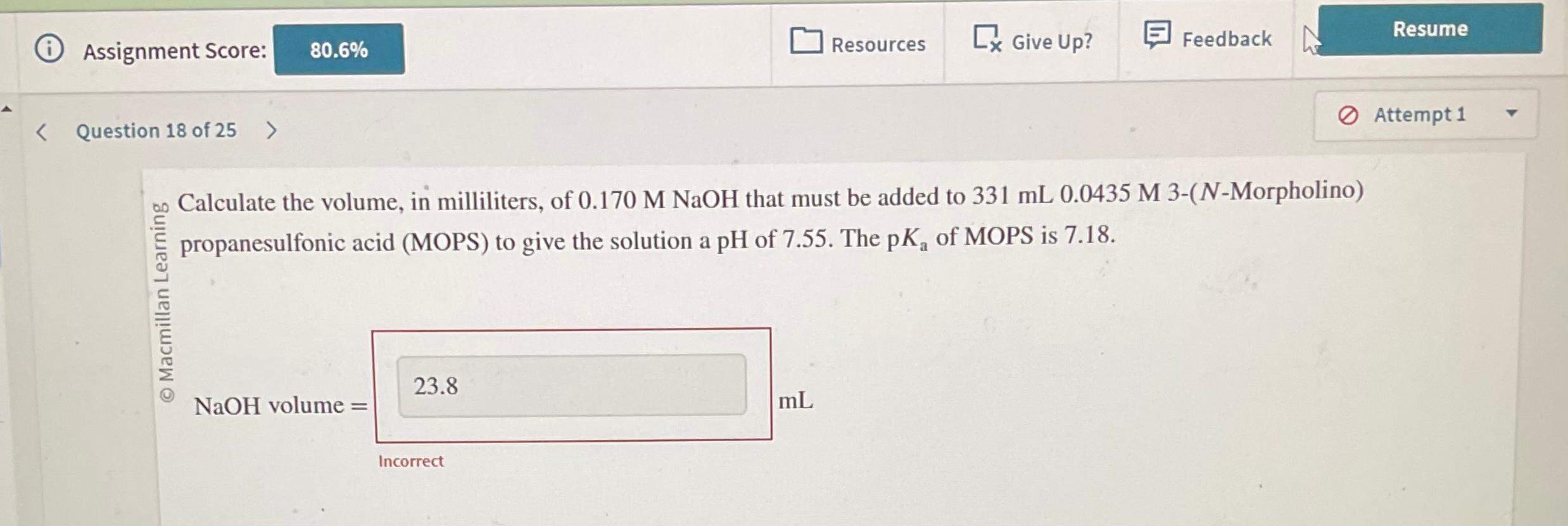 Solved Calculate the volume, in milliliters, of 0.170MNaOH | Chegg.com