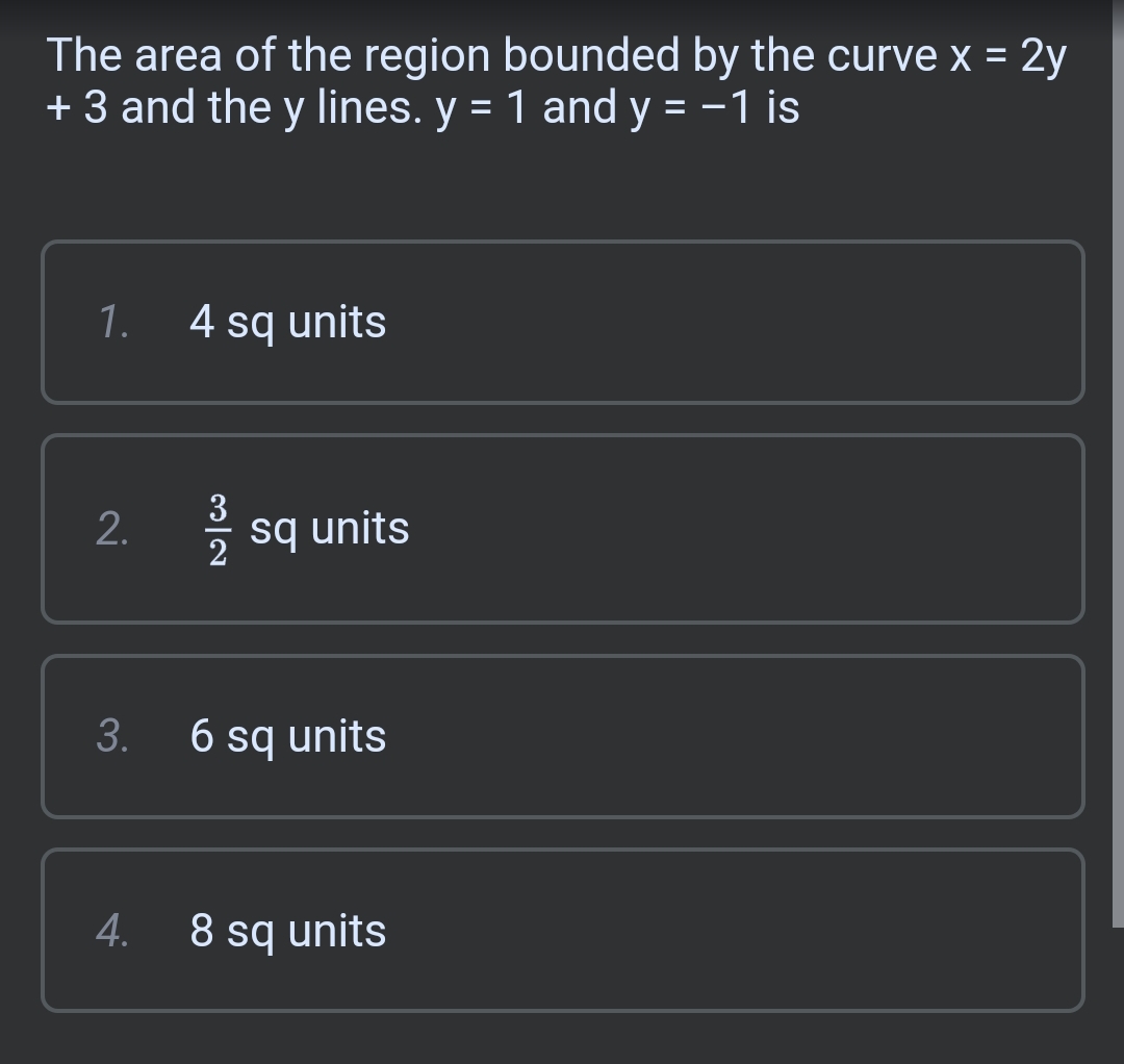 Solved The area of the region bounded by the curve x=2y+3 | Chegg.com