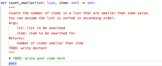 Solved Implement a recursive count_smaller(lst: list, item: | Chegg.com