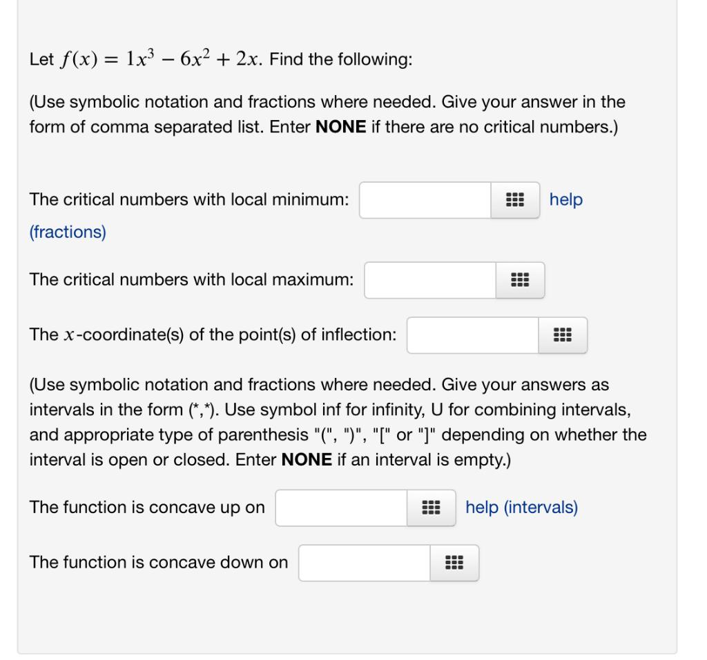 Solved Let f(x) = 1x3 – 6x² + 2x. Find the following: (Use | Chegg.com