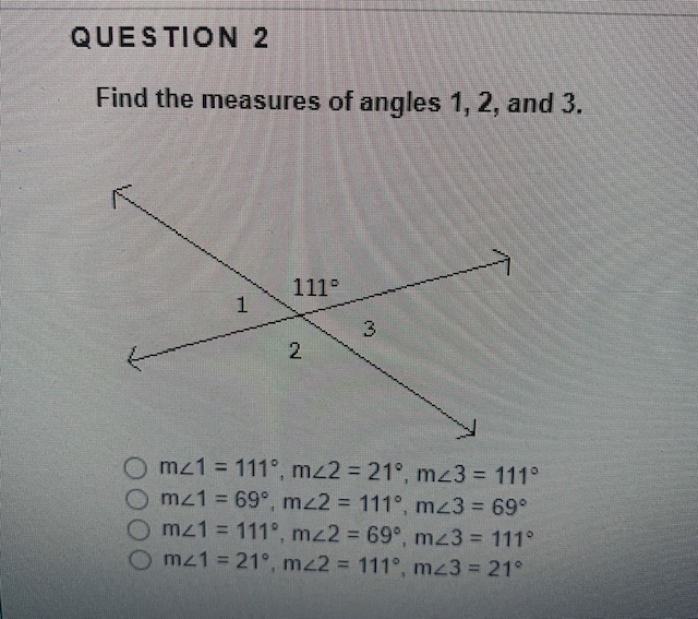 Solved QUESTION 2 Find the measures of angles 1, 2, and 3. | Chegg.com