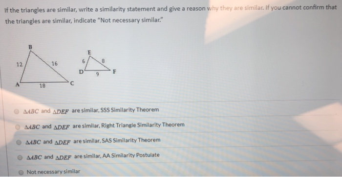 Solved If the triangles are similar, write a similarity | Chegg.com