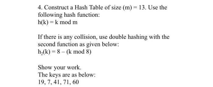 Solved 4. Construct a Hash Table of size (m)-13. Use the | Chegg.com
