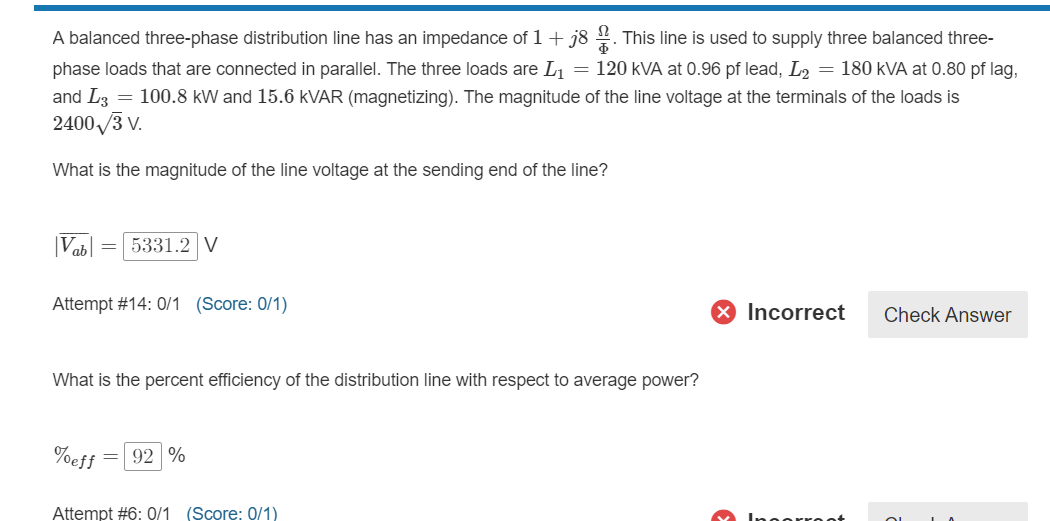 Solved A balanced three-phase distribution line has an | Chegg.com